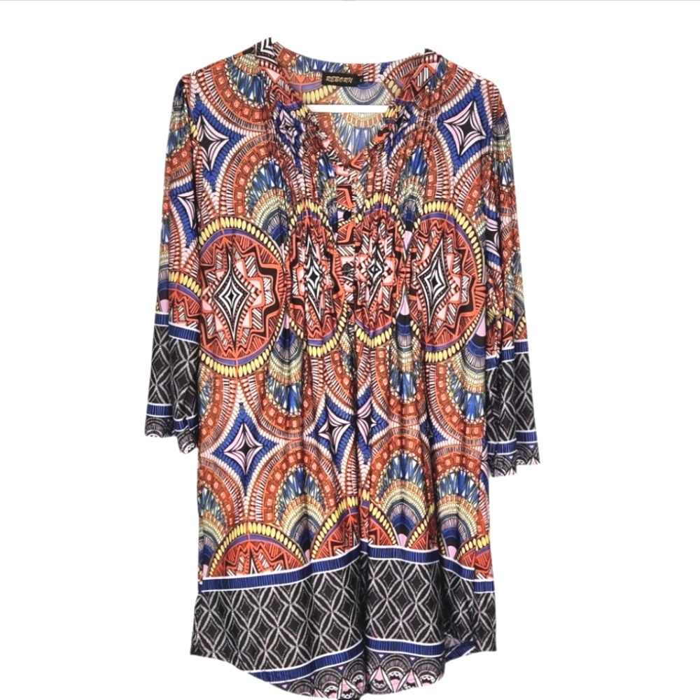 Reborn Red & Blue Boho Aztec Print Stretchy Tunic/Min… - Gem